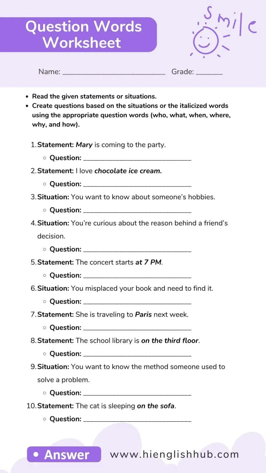 Question Words (What, When, Why, Who, Where, How...) + FREE Worksheet ...